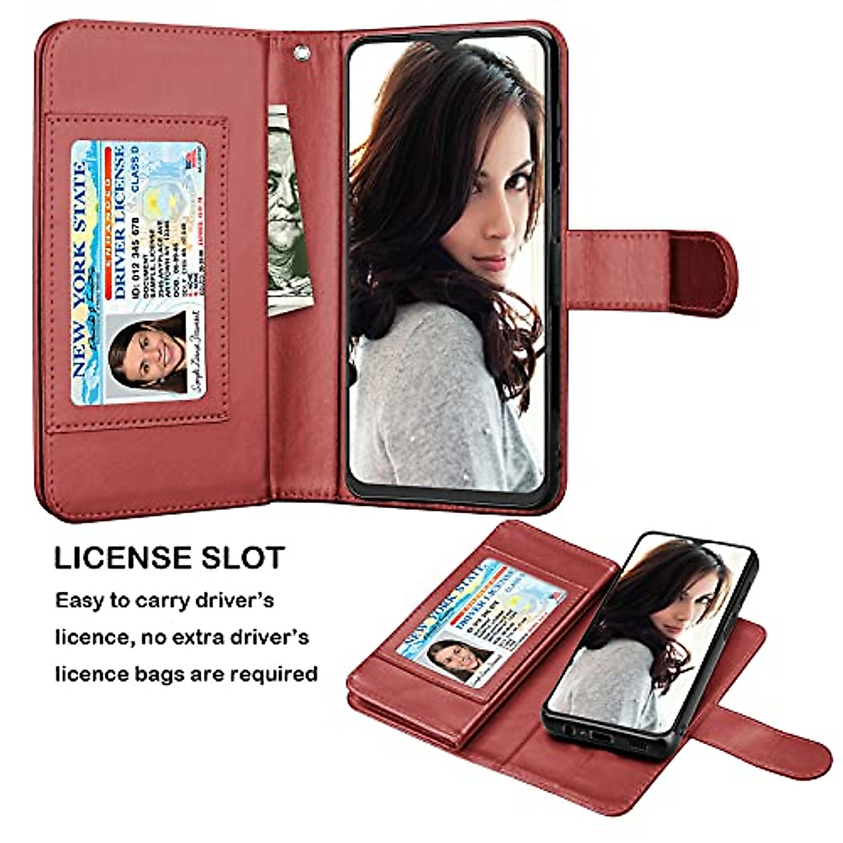 NJJEX Wallet Case for Samsung Galaxy A12, for Galaxy A12 Case 6.5", [9 Card Slots] PU Leather Credit Holder Folio Flip [Detachable] Kickstand Magnetic Phone Cover & Lanyard for Samsung A12 [Wine Red]