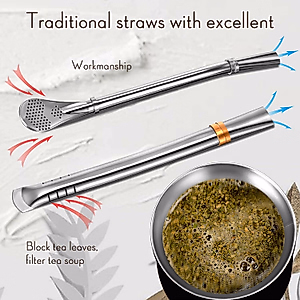 ABM&Y Yerba Mate Cup and Bombilla Set, Gourd Tea Cup Kit with 2 Straws and Cleaning Brush, Convenient Travel, Stainless Steel Double Walled Anti Scalding, Easy to Clean (Black A)