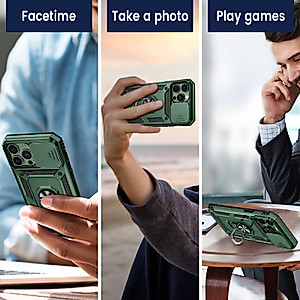 Goton for iPhone 13 Pro Max Case with Slide Camera Cover & 360° Rotate Ring Stand [Military Drop Protection] Shockproof Heavy Duty Protective, Armor Phone Case with Magnetic Car Mount Holder Green