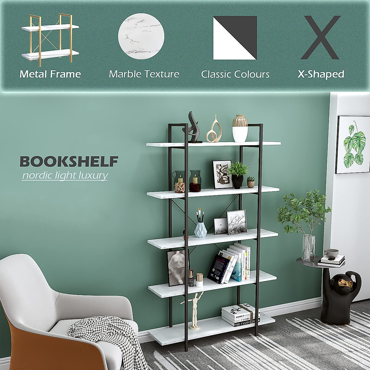 IOTXY 5-Tier Open Shelf Bookcase - Modern Freestanding Wooden Display Stand Unit with Metal Frame for Home and Office, Bookshelf, Black White