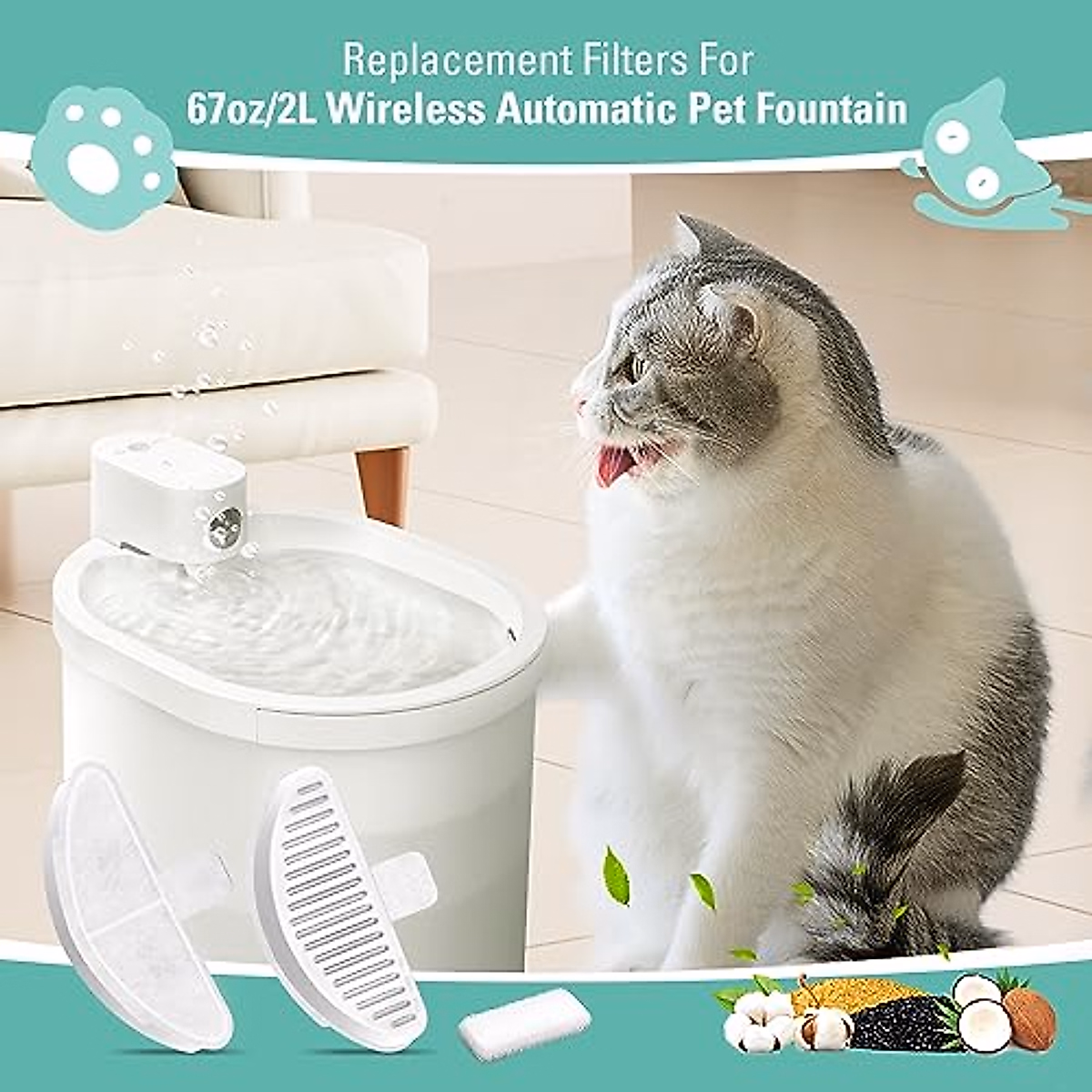 3 Pack Replacement Filters & 6 Pack Filter Sponges for 67oz/2L Wireless Automatic Pet Fountain, BFLICROY Cat Water Fountain Filter, Pet Water Fountain Filters with 6 Layers Filtration System