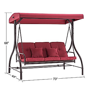 MCombo 3-Seat Outdoor Patio Swing Chair, Adjustable Backrest and Canopy, Porch Swing Glider Chair, w/Cushions and Pillows, 4068 (Burgundy)