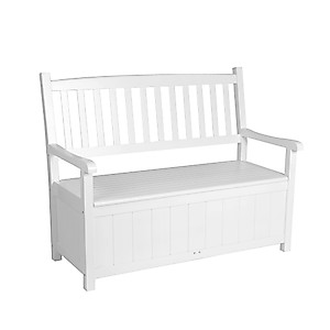 Outdoor Storage Bench Loveseat Deck Box Bench with Arm Back Patio Furniture 2-Seat Container Solid Wood for Garden Tools & Pool Toys Deck Storage Bench for Patio Garden Storage Porch White 450lbs