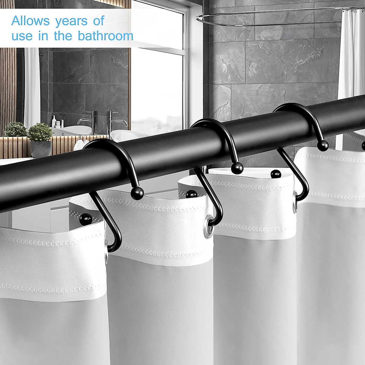 BellRhein Shower Curtain Hooks, Metal Shower Hooks for Shower Curtain Rod, Rust Proof Metal Shower Curtain Rings, S Hook Set of 12, Black.