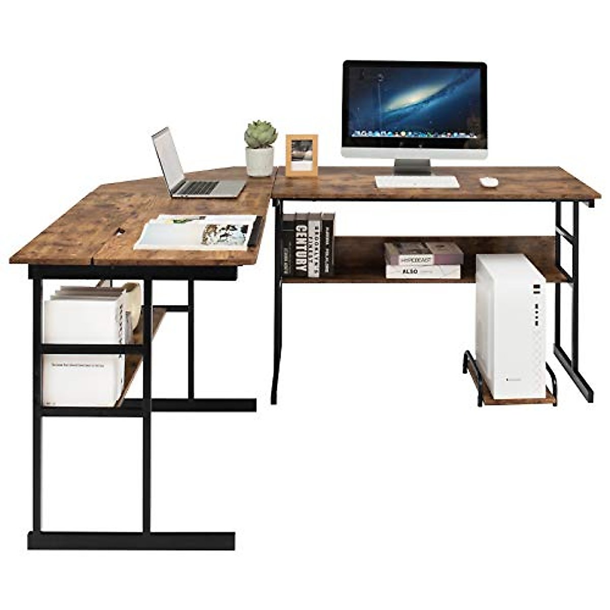 Tangkula 67 inches L-Shaped Desk, Corner Computer Desk with Bottom Bookshelves & CPU Stand, Drafting Drawing Table with Tiltable Desktop, Corner Computer Workstation Home Office Desk (Rustic Brown)