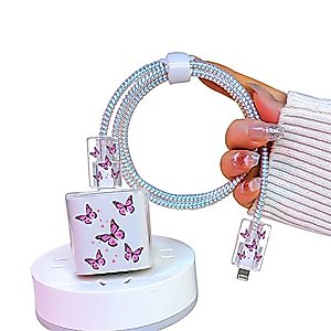 DiyGody Lovely Cable Protector for iPhone Charger with Cute Clear Pink Butterfly Design, Soft Data Line Cable USB Wire Saver Charger Protector Compatible with 18W/20W iPhone Charger