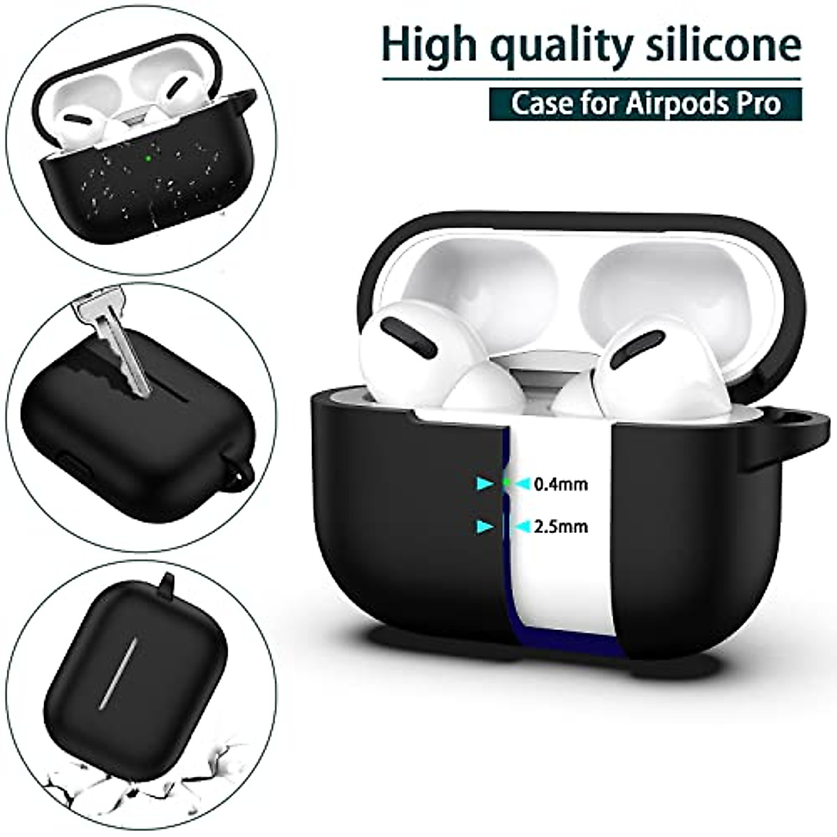 R-fun AirPods Pro Generation Case Cover with Cleaner kit and Replacement Ear Tips(XS/S/M/L), Full Protective Silicone for Apple AirPods Pro 2019 Charging Case - Black