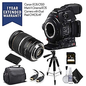 Canon EOS C100 Mark II with Dual Pixel CMOS AF 0202C002 & 17-55MM Lens with Memory Card, Case, Tripod, Starter Bundle (Renewed)