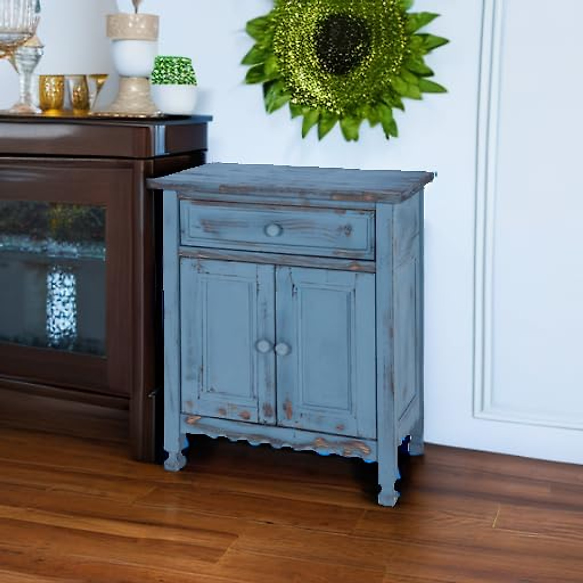 Rustic Cottage Accent Cabinet with 1 Drawer and 2 Doors in Blue Antique Finish for Living Room - Assembly Req'd., Distressed Wood, Adjustable/Removable Shelf