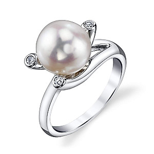 The Pearl Source 9-10mm Genuine White Freshwater Cultured Pearl & Cubic Zirconia Crossed Ring for Women