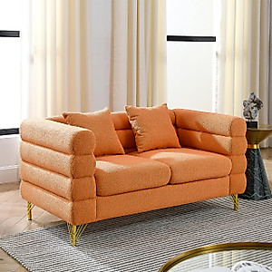 Deolme 60" W Teddy Orange Loveseat Sofa Couch with Firm Strcuture & Thicken Sponge Comfy Love Seat Couches Sleeper for Living Room Bedroom Small Spaces Mid-Century Modern Furniture