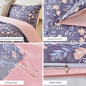 BOLINLIVING Floral Duvet Cover Queen Size 3 Pieces, Flower Duvet Cover with 2 Pillow Shams, Soft Floral Bedding Set Violet and Pink for All Season, Breathable, Zipper Closure…