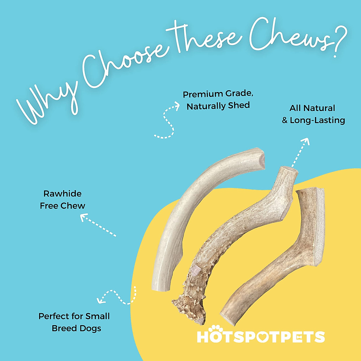 hotspot pets Small Premium Deer Antler for Dogs (3 Pack) - 4-8 Inch Long Lasting Antler Dog Chews Naturally Shed Deer Antlers Bone for Small & Medium Breed Aggressive Chewers - Sourced in USA