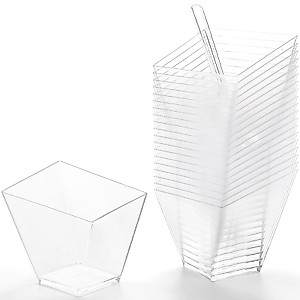 Fasmov Dessert Cups with Spoons, 100 Pack 4oz Square Clear Plastic Parfait Appetizer Cup, Plastic Tumbler Cups Pudding Cups for Fruit, Desserts, Mousse, Ice Cream