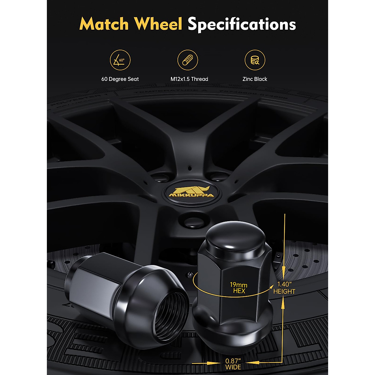 MIKKUPPA 24pcs M12x1.5 Lug Nuts - Replacement for 1984-2022 Toyota 4Runner, 1995-2021 Tacoma, 2000-2006 Tundra Aftermarket Wheel - Black Closed End Lug Nuts