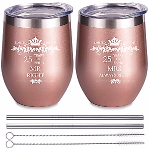 COFOZA 25 Years Anniversary Wedding Engagement Marriage Cups Set for Couples 2 Pack Rose Gold Stainless Steel Wine Tumbler Glass 25th Anniversary Mr Right Mrs Always Right