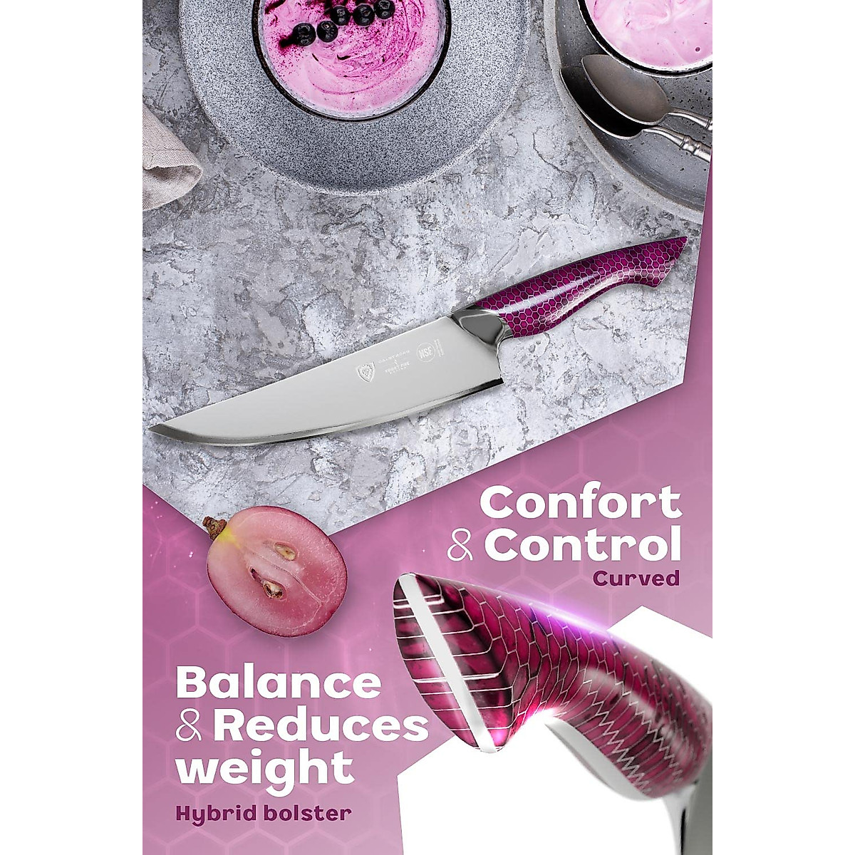 Dalstrong Chef Knife - 8 inch - Frost Fire Series - Frosted Amethyst Edition - HC 10CR15MOV Stainless Steel Kitchen Knife - Sand Blasted Frosted - Fuschia Honeycomb Handle - Sheath - NSF Certified