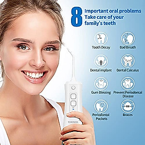 TUREWELL Water Flosser Cordless, Oral Irrigator for Teeth, Portable Waterpick with DIY Mode and 3 Replacement Jets, IPX7 Waterproof Electric Dental Flosser for Travel/Home/Braces (White)