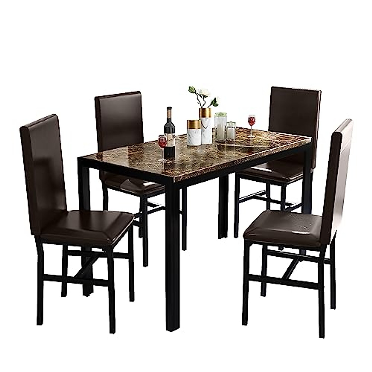 DKLGG Marble Dining Table Set for 4, 5-Piece Faux Marble Kitchen Table and Chairs for 4, Space Saving Dining Room Table Set w/4 Upholstered PU Leather Chairs, Ideal for Dining Room, Kitchen, Corner