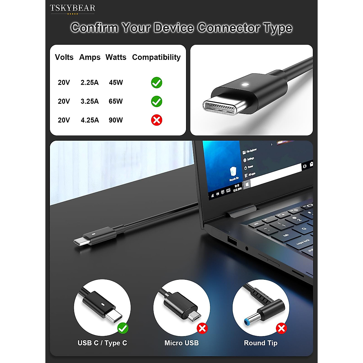 65W 45W USB C Laptop Charger for Dell Latitude 5420 5520 7420 7390 7400 7410 E5420 5320 7320 7370 5289 XPS 13 7390 9350 9360 9365 9370 Chromebook 3100 5190 Charger Type-C AC Adapter Power Supply Cord