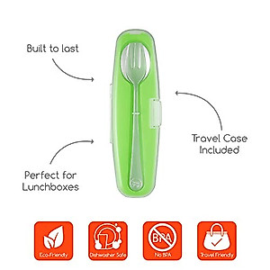 Innobaby Din Din Smart Stainless Steel Spoon and Fork with Carrying Case. Utensil Set for Kids and Toddlers. BPA Free. Green, 2 Count (Pack of 1)