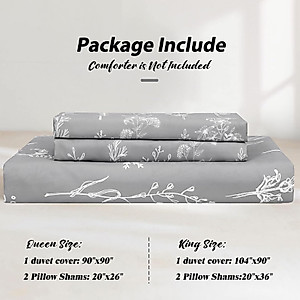 ASPMIZ Floral Duvet Cover Set Queen Size - 3 Pieces Grey Ruffle Comforter Covers, Botanical Flower Bedding Cover Set, Soft Leaves Cover Set with Double Sided Pattern (1 Duvet Cover, 2 Pillow Shams)