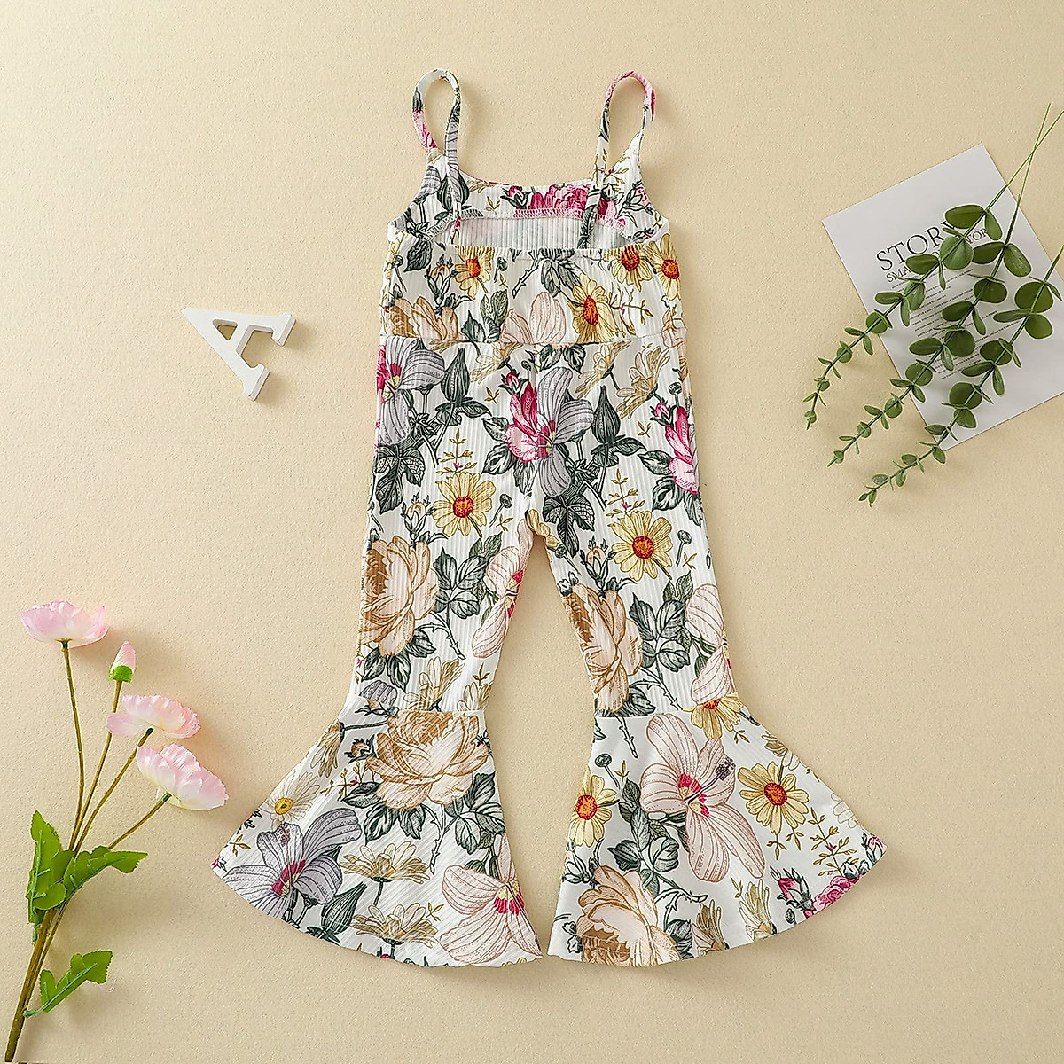 Emmababy Toddler Girl Bell Bottom Romper Baby Floral Suspender Pants Ribbed Jumpsuit Backless Flare Overalls Summer Playsuit(floral,12-18 Months)