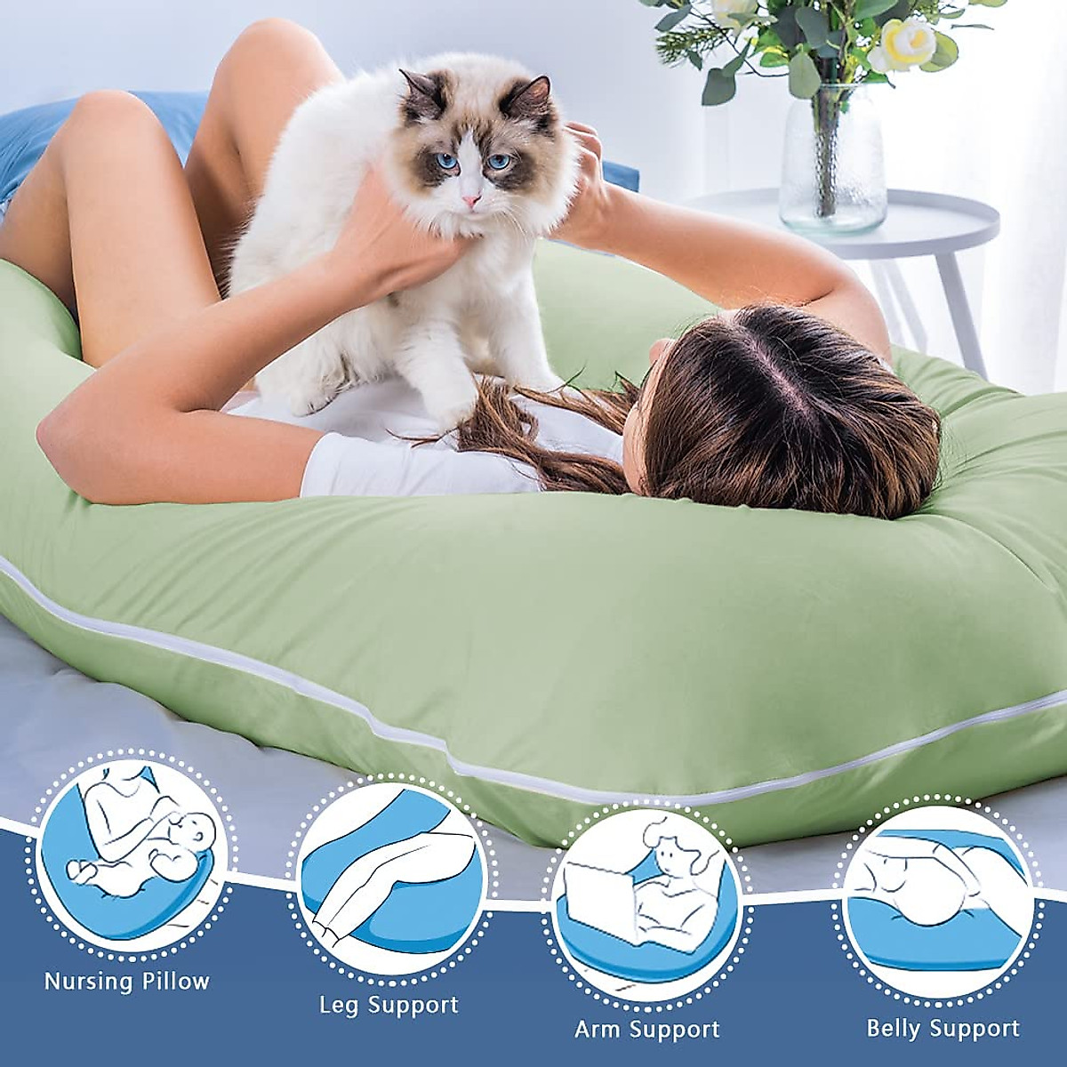 AngQi Pregnancy Pillow, U Shaped Pregnancy Body Pillow, Pregnancy Pillows for Sleeping with Cooling Cotton Zipper Removable Cover (Pale Green)