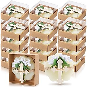 Heigble 24 Pcs Baptism Favors for Guests Scented Soap Favors First Communion Baby Shower Soap Favors with Dried Flowers Thank You Wood Tags for Boys Girls Baptism Bridal Birthday Gifts (White Color)