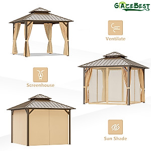 GAZEBEST 10x10 ft Hardtop Gazebo Outdoor Aluminum Patio Gazebo Double Roof Galvanized Steel Canopy with Netting and Curtains,for Garden, Backyard,Deck and Lawns