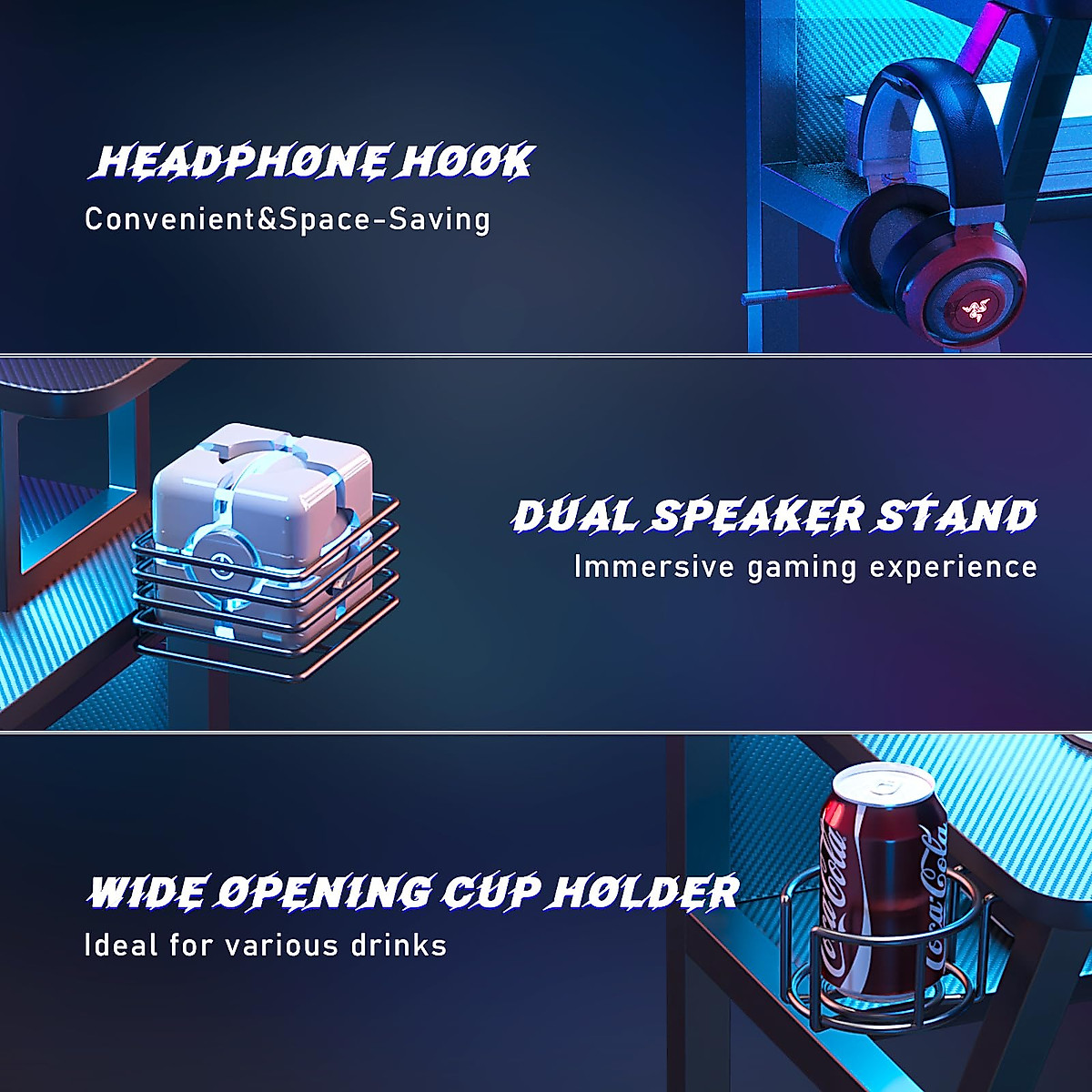 TREETALK Gaming Desk with Power Outlet&Led Lights, Computer Desk with Monitor Stand and Open Shelf,Gamer Table Workstation with Cup Holder, Headphone Hook, 2 Speaker Stand for Home Office