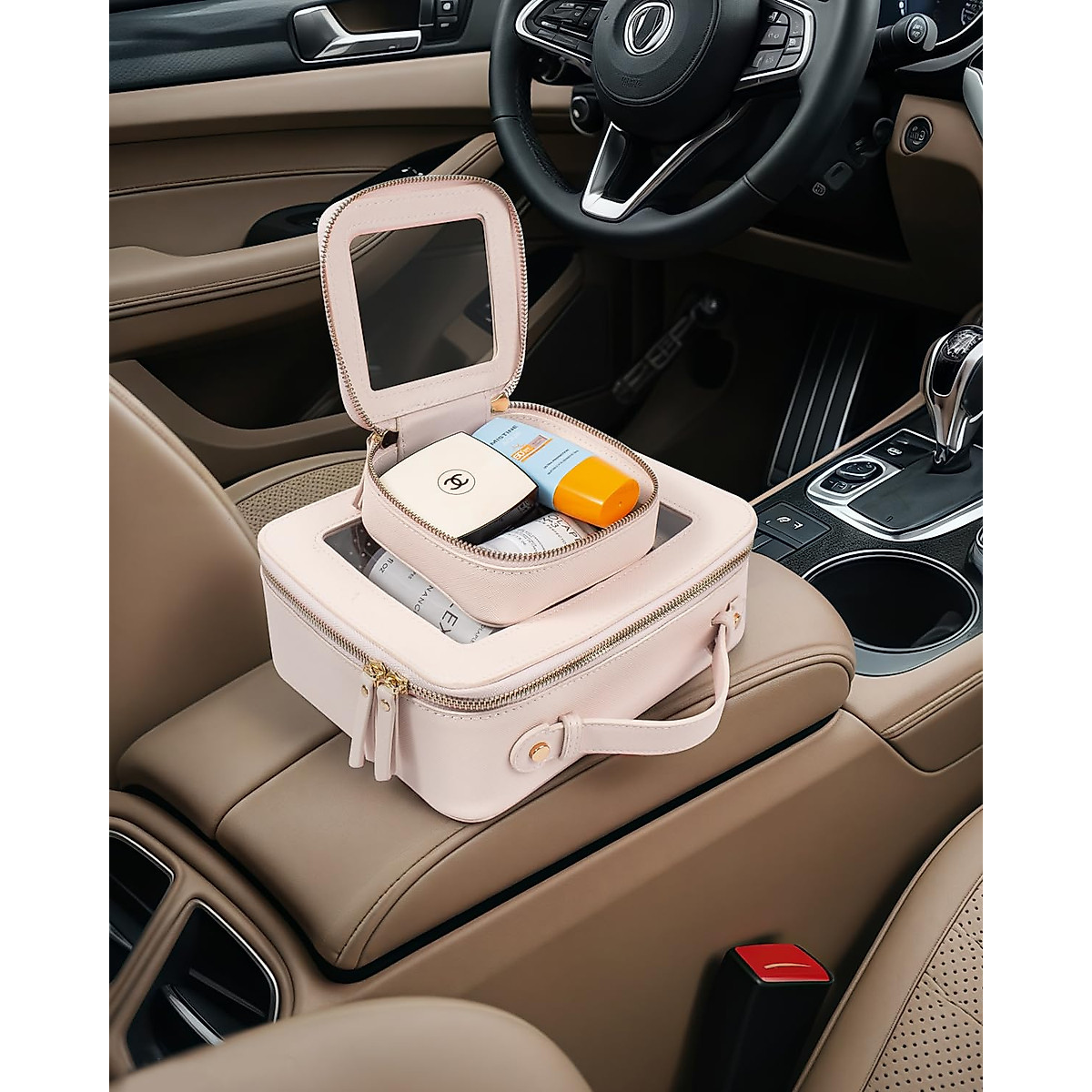 LETGO Clear Makeup Bags Set - TSA Approved Toiletry Bag with Handle Large Opening, Clear Toiletry Bags Case Pouch for Traveling Travel Car Orangizer Storage Essentials(Mini+Large Beige)