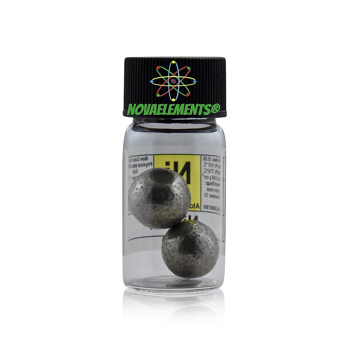 Metallic Nickel Element 28 Ni, 99.9% Spheres> 10 Grams in Glass Vial with Label
