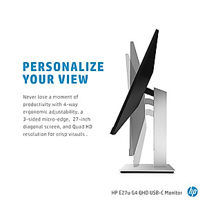 HP E27u G4 QHD USB-C 27 Inch Monitor Desktop PC IPS LCD 60Hz 5ms 16:9 Anti-glare Pivot Height Adjustable VESA Mountable DisplayPort HDMI Port USB Hub Computer Screen, Black/Silver (Renewed)
