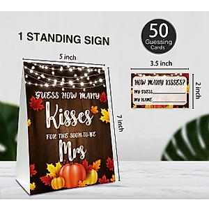 Guess How Many Kisses Bridal Shower Game, Game Kit (1 Standing Sign + 50 cards), (Wood Pattern Fall Pumpkin Maples Leaves) Bridal Shower Party Game, (A047-Kiss)