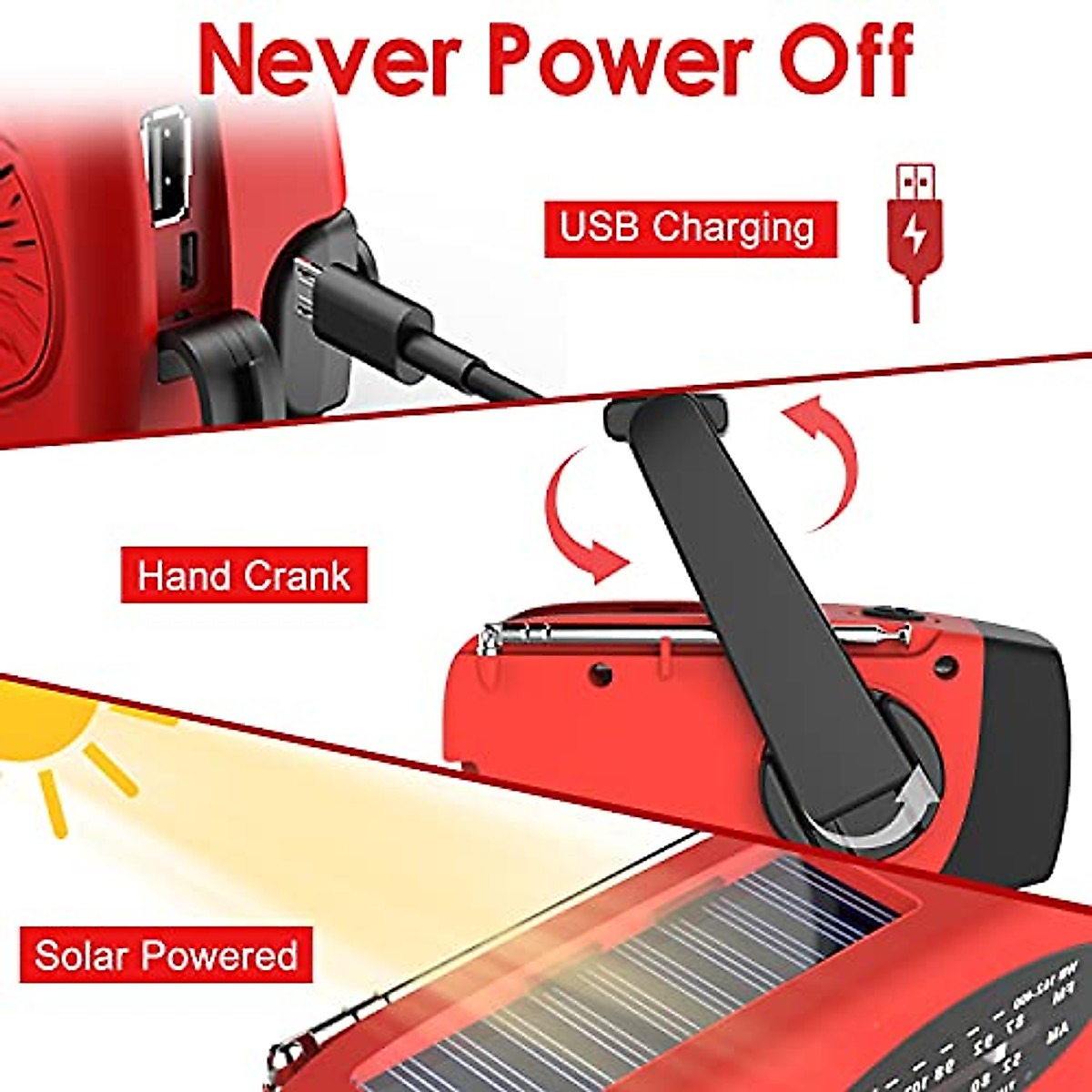 [Upgraded Version] Emergency Weather AM/FM NOAA Solar Powered Wind up Radio with LED Flashlight, 1000/2000mAh Power Bank for Cell Phone and LED Flashlight (Red)