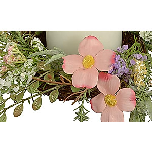 RIBC 11 Inch Wildflower Artificial Floral Candle Ring in Green, Pink and Purple with Natural Twig Base - Candle Holder for Pillar Candles and Glass Hurricanes, Green, Yellow, Pink, Orange