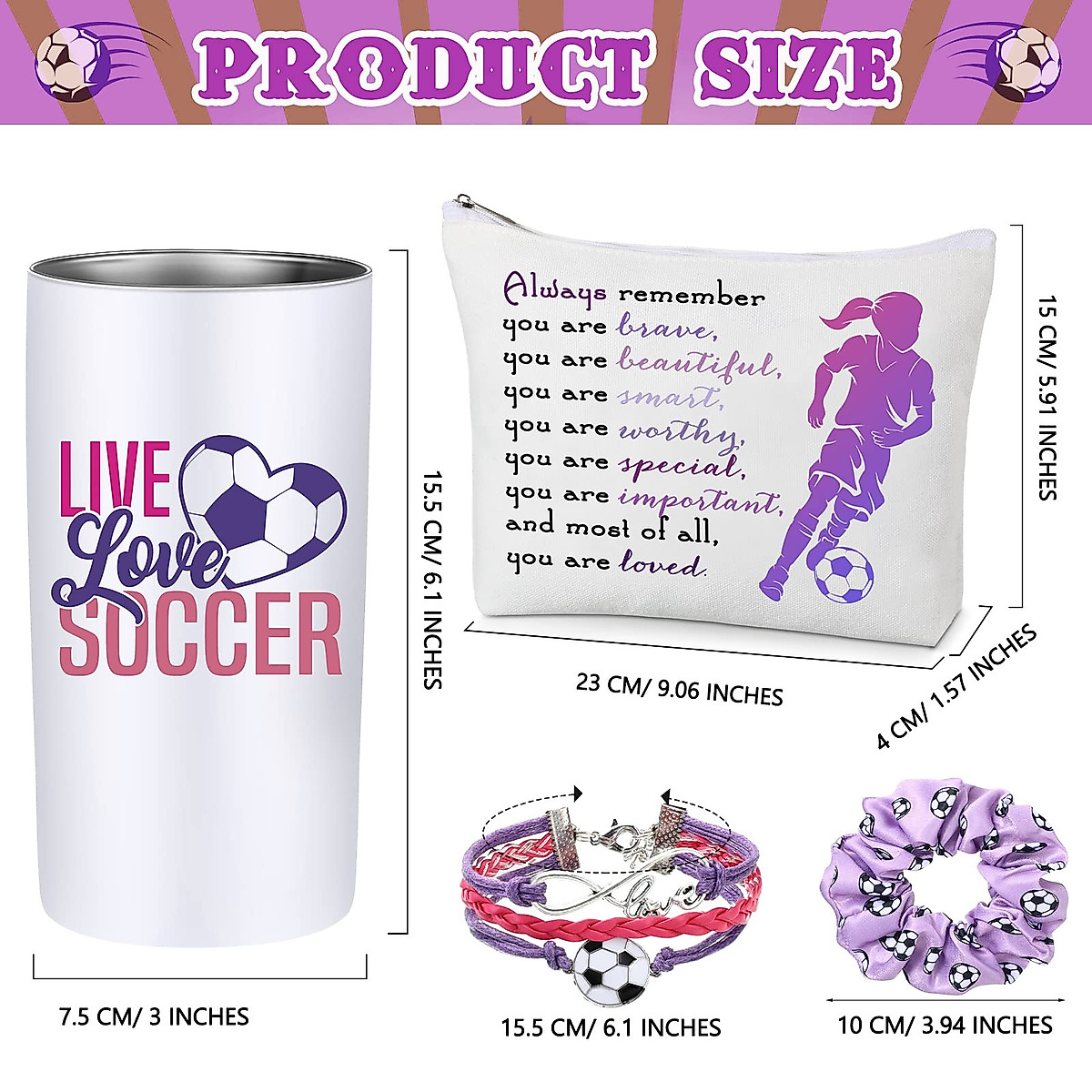 4 Pieces Girls Soccer Gifts Soccer Water Bottle Tumbler 14oz Soccer Zipper Gift Bags Pouch Soccer Bracelet Jewelry Soccer Scrunchies for Girls Graduation Soccer Gift