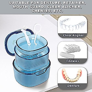 Zoeynex 2 Pack Denture Bath Case, Retainer Case(Blue & Green) - Includes Brush and Aligner Remover Tool,Complete Clean Care for Dentures, Partial Dentures, Retainers & Mouth Guard