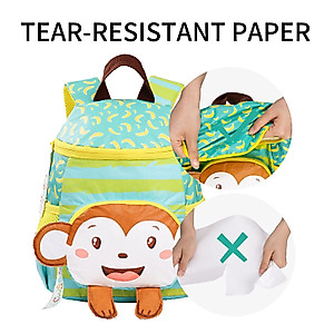 GreenTribes Toddler Backpack - Tyvek - Animal Schoolbag for Kids - Waterproof Preschool Backpack - Travel Paper Bag for Baby Girl Boy 2-8 Years,Cute Monkey