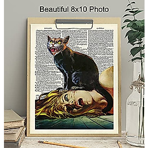 Cat Horror Movie Wall Art & Decor - Black Cat Decorations - Cat Themed Picture Prints - Creepy Gothic Goth Scary Movie Poster - Cat Lover Gifts for Women, Men - Funny Cat Lady Home Decor 8x10