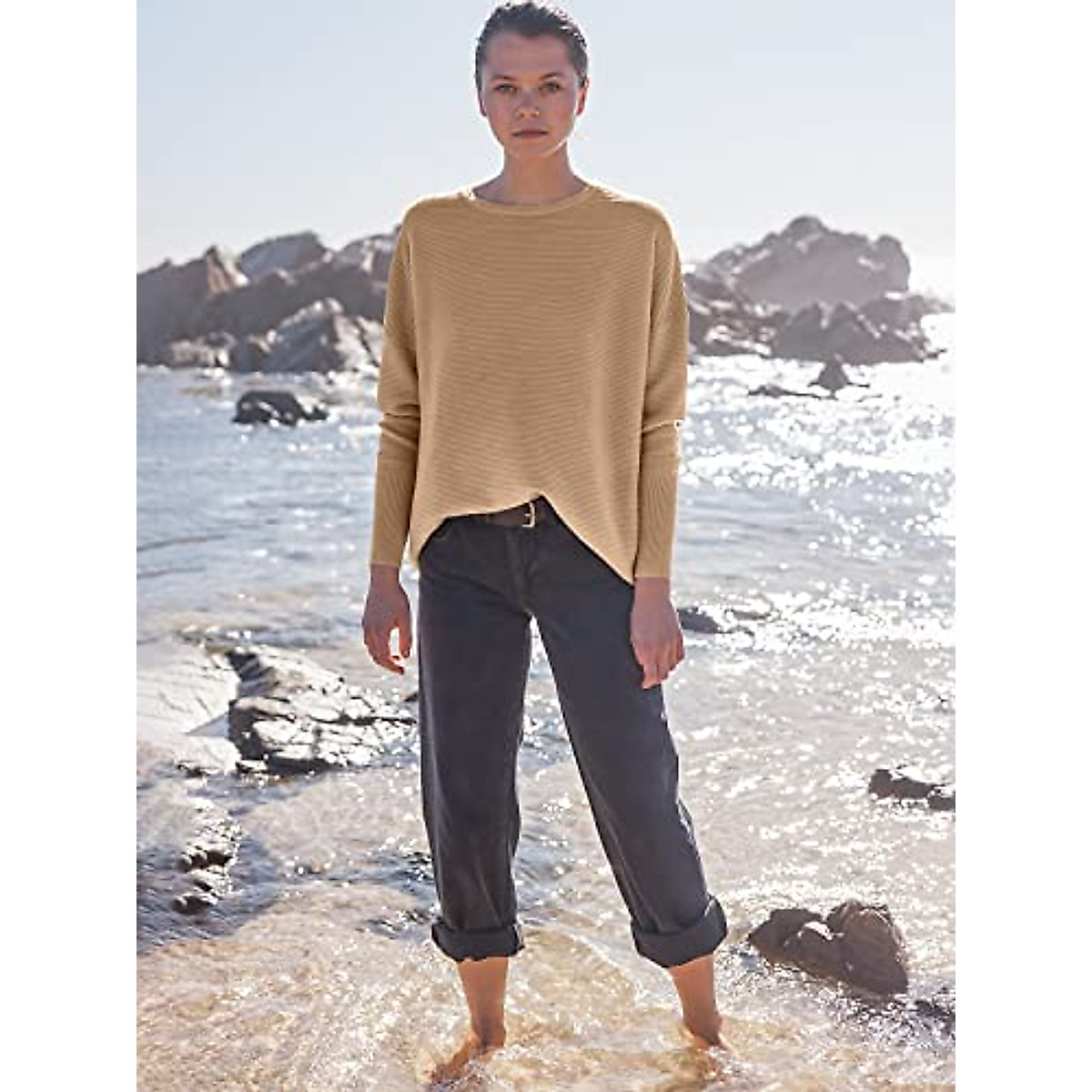 ANRABESS Women's Oversized Crewneck Sweaters Long Batwing Sleeve Ribbed Slouchy Casual Jumper with Slit Pullover Top Fashion 2023 Fall Winter 725shenxing-L Khaki