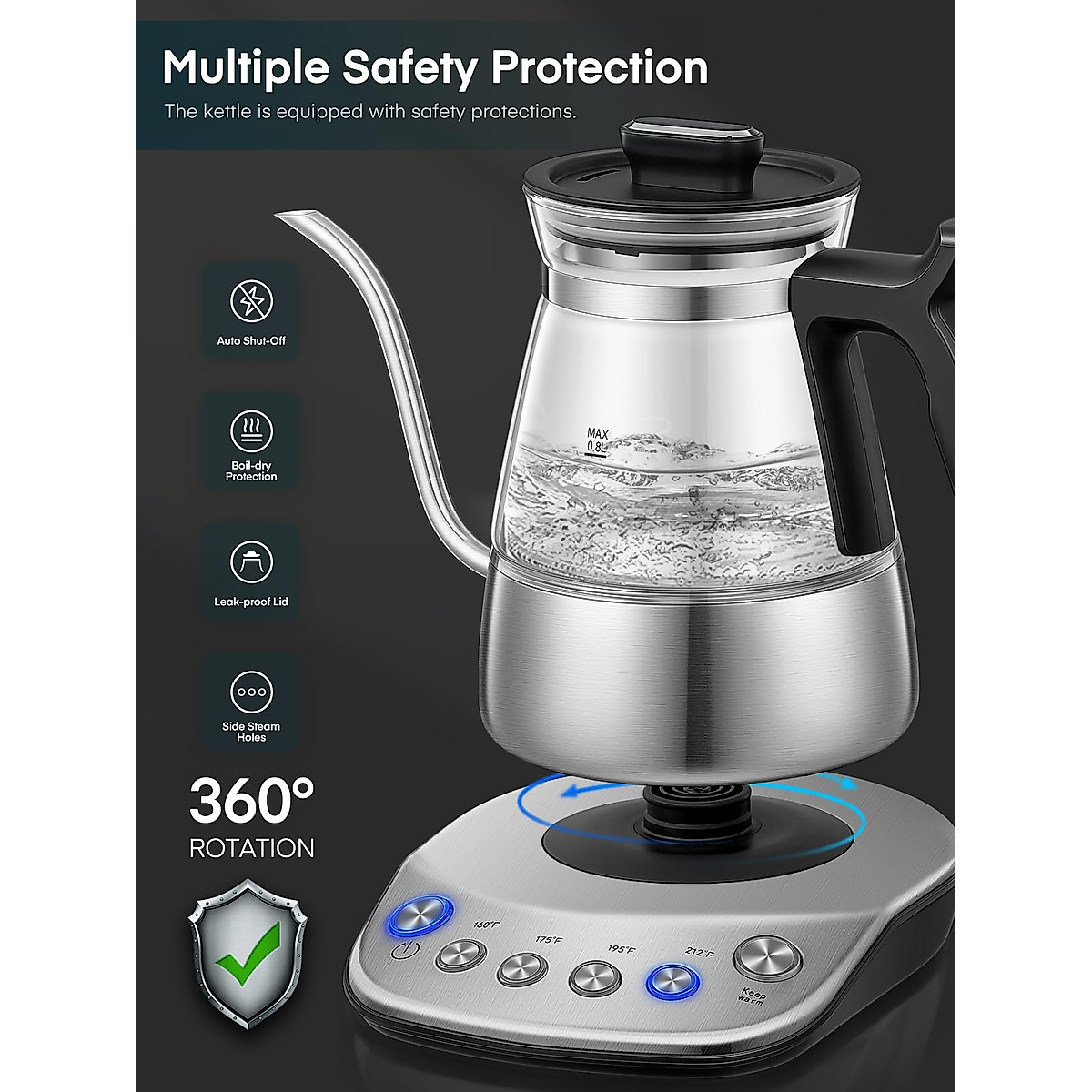 Aiheal Electric Gooseneck Kettle, Glass Electric Tea Kettle with 4 Temperature Control Presets and Keep Warm Function, Pour Over Kettle for Coffee and Tea, Hot Water Boiler, Quick Heating, 1200W/0.8L