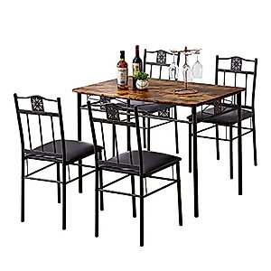 VECELO Dining Table Set with 4 Chairs, Retro Brown