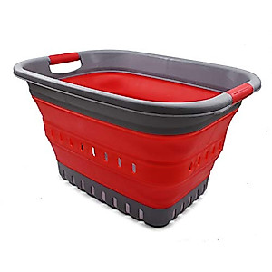 SAMMART 37L (9.77 gallon) Collapsible Plastic Laundry Basket - Foldable Pop Up Storage Container/Organizer - Space Saving Hamper/Basket (1, Grey/Red)