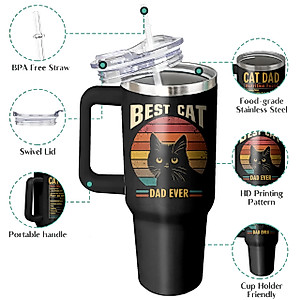 Best Cat Dad Mug Insulated Cat Paw Cup, 40 Oz Black Cat Tumbler with Handle and Straw, Black Cat Mug Double Wall Stainless Steel Cat Dad Cup, Best Cat Dad Ever Tumbler and Cat Dad Gifts for Men