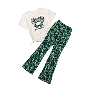 SOLY HUX Girl's Two Piece Outfits Summer Tops Short Sleeve T-Shirt Figure Graphic Tee and Pants Bell Bottom Flared Pants Set White and Green 11 Years
