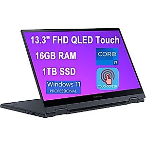 Samsung Galaxy Book Flex2 13 2-in-1 Laptop 13.3" FHD QLED Touchscreen (400nits) 11th Gen Intel Quad-Core i7-1165G7 16GB RAM 1TB SSD Iris Xe Graphics Backlit Fingerprint USB-C Win11 Pro Black