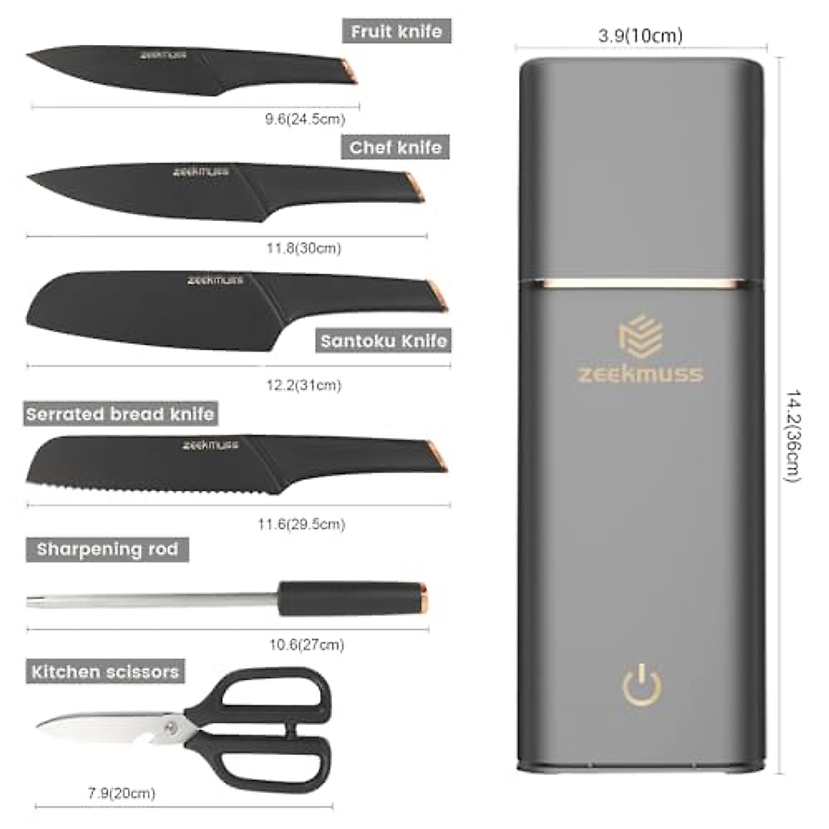 ZEEKMUSS Knife Set Knife Sets for Kitchen with Block 6-Piece Stainless Steel Block Knife Set with Sharpener Kitchen Scissors Smart Knife Holder Keep Clean and Dry Kitchen Home Gift (Grey)