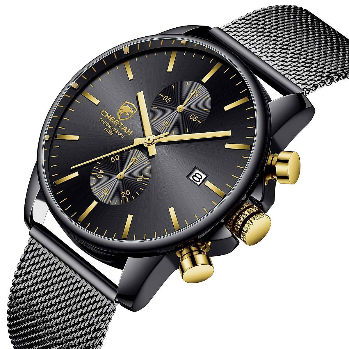GOLDEN HOUR Men’s Watch Fashion Sport Quartz Analog Mesh Stainless Steel Waterproof Chronograph Watches, Auto Date in Gold Hands, Color: Black